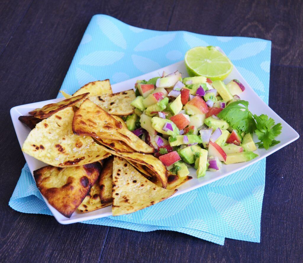 Avocado Peach Salsa with Coconut Oil Chips - Vegan Family Recipes